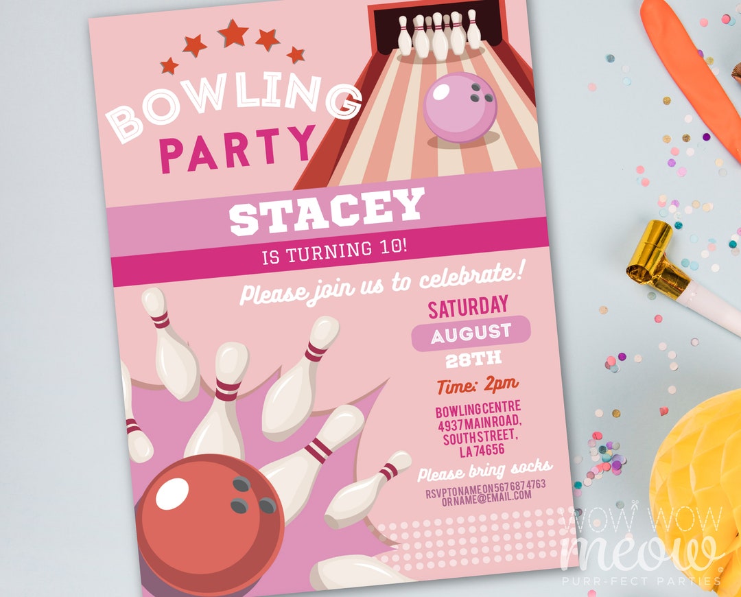 Bowling Party Invitation Pink Girls Birthday INSTANT DOWNLOAD Digital ...