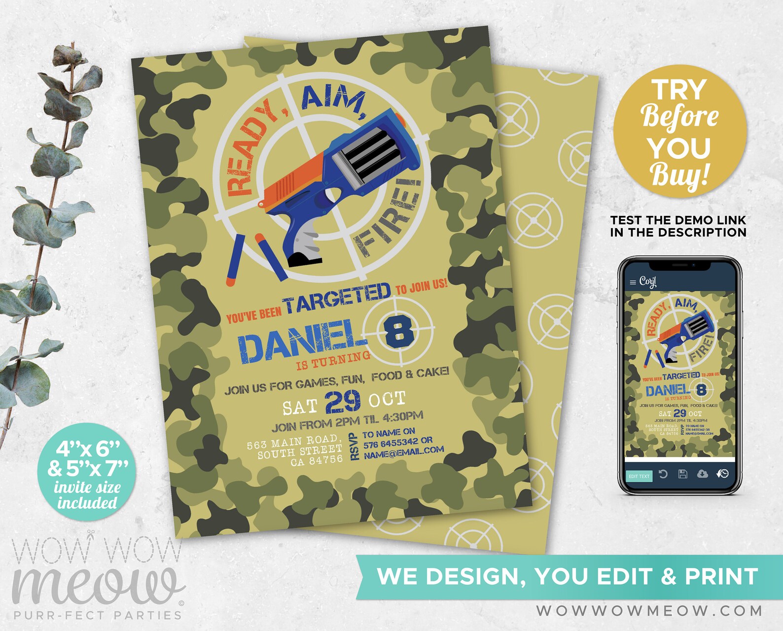 EDITABLE Dart Gun Birthday Invite Battle Camouflage Army Invitation ...
