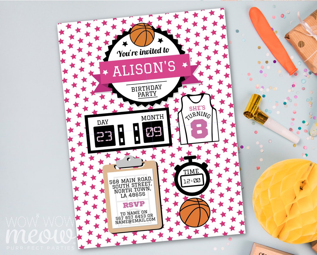 Girl Basketball Invitation Pink Birthday Invites Digital Download ...
