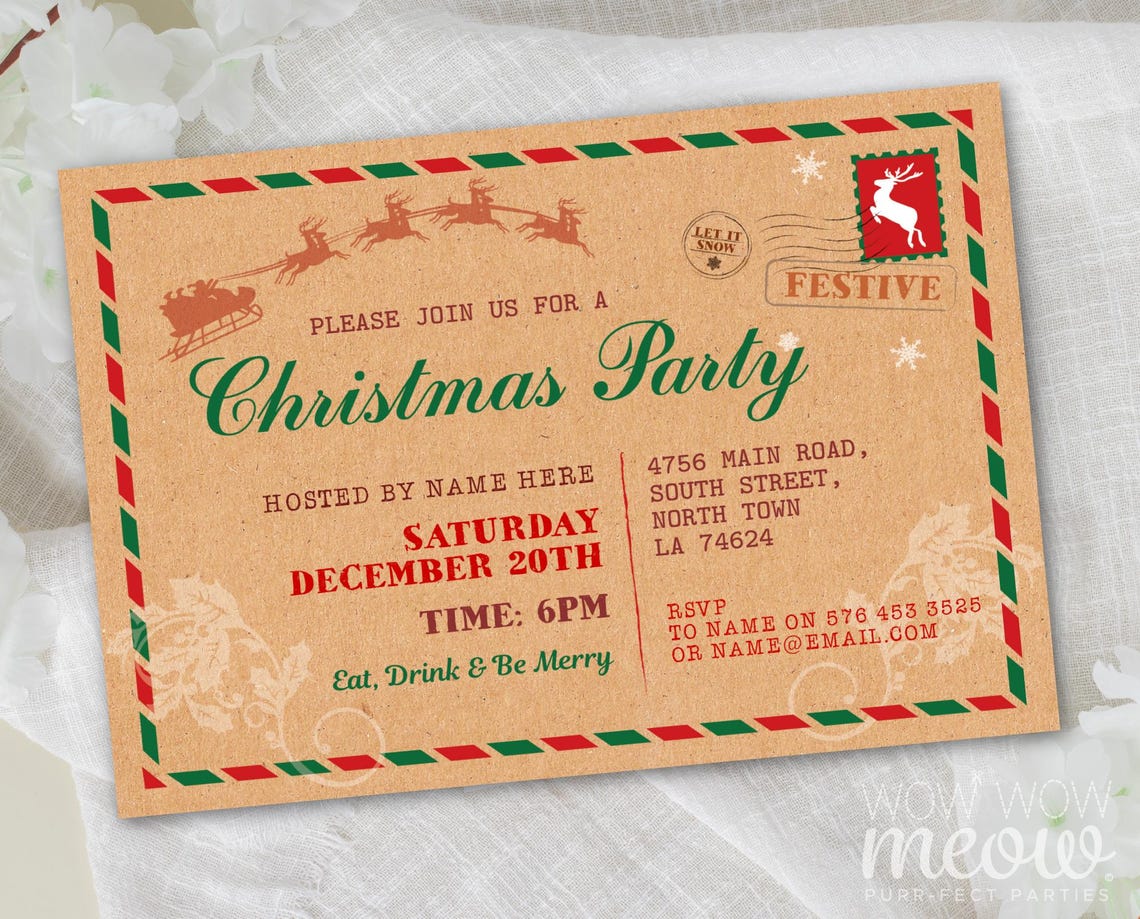 Christmas Party Invitations Postcard Ticket Xmas Holiday Invites ...