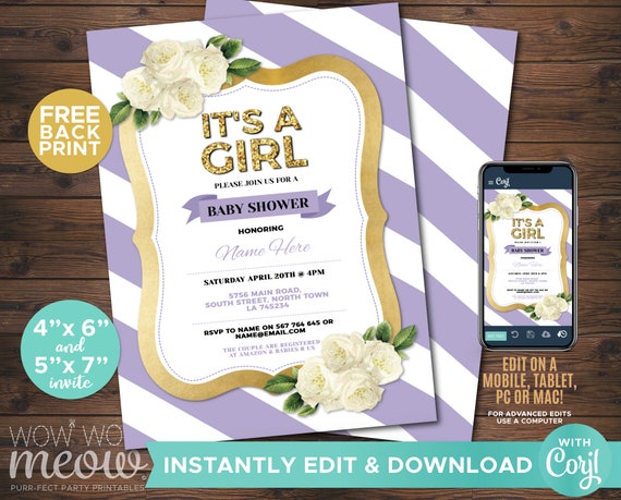 Purple Baby Shower Invitations It's a Girl Invites INSTANT | Etsy