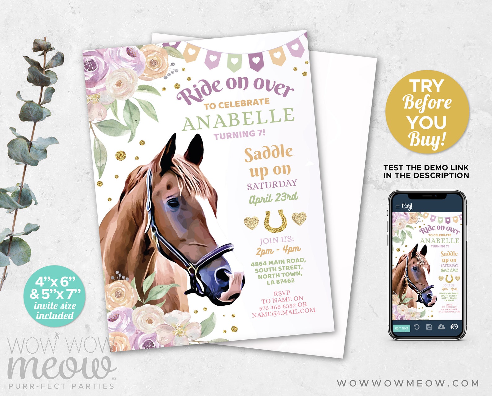 Horse Invitation Birthday Invite Riding Pony Purple Ride on - Etsy