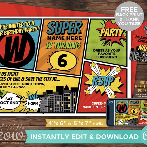 Comic Book Invitation Superhero Birthday Invitation Instant - Etsy