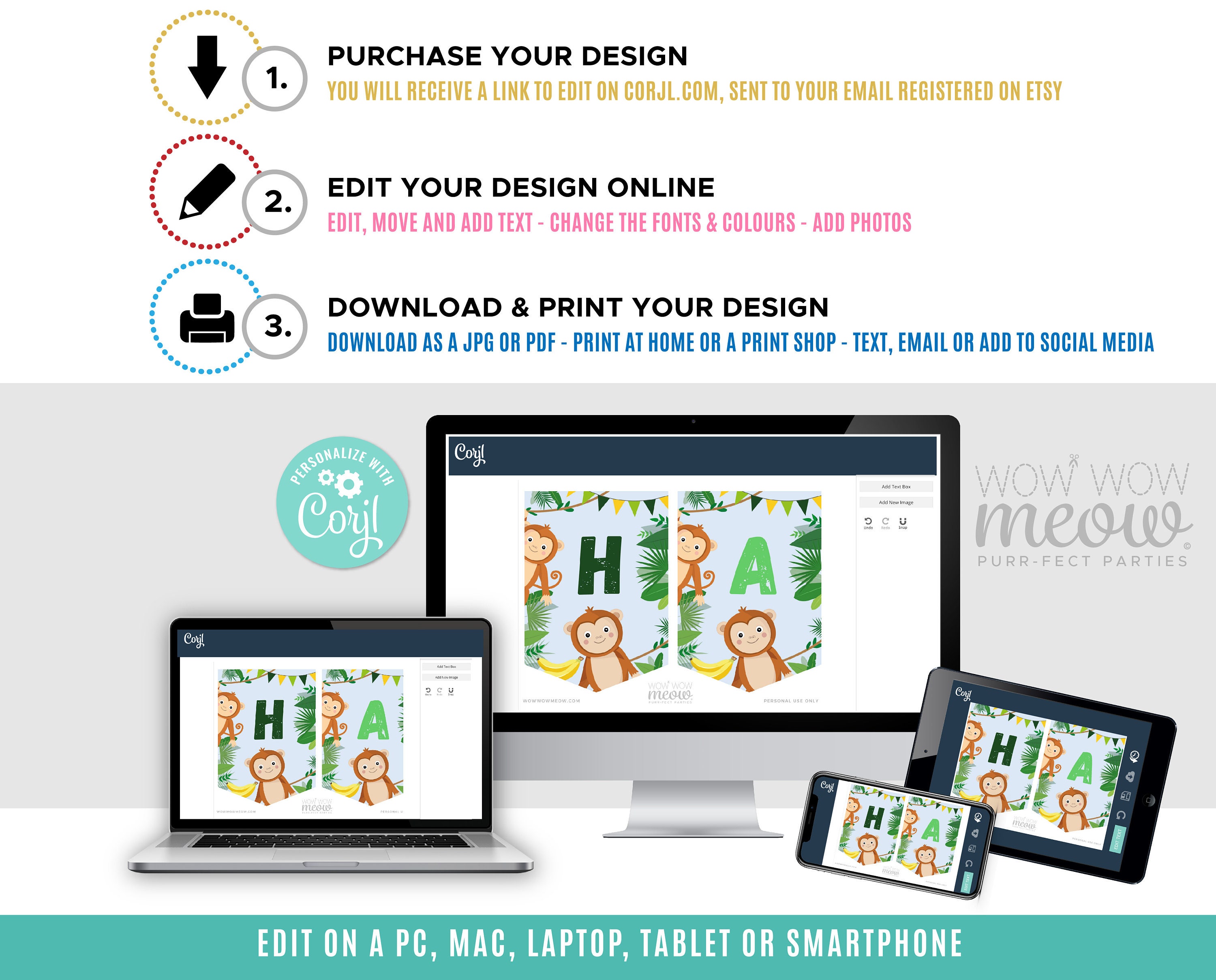 Monkey Birthday Party Banner Blue Go Bananas Editable Download Boys ...