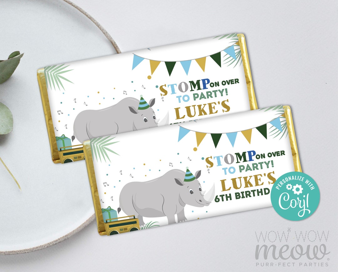 Rhino Chocolate Bar Wrapper Birthday Wild Jungle Safari Zoo Girls Boys ...