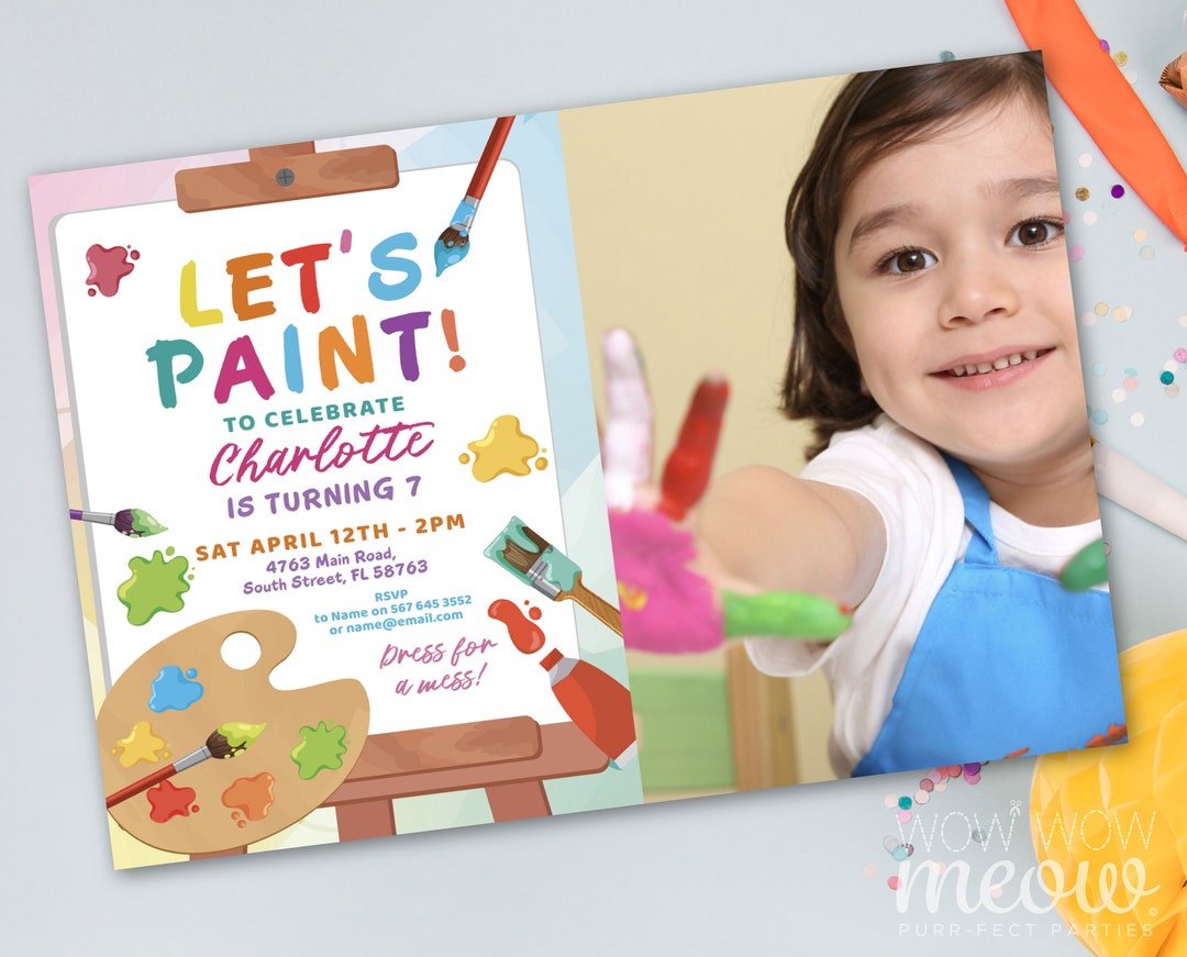 Art Birthday Invitation Paint Party Photo Invite Artist Crafts Rainbow ...