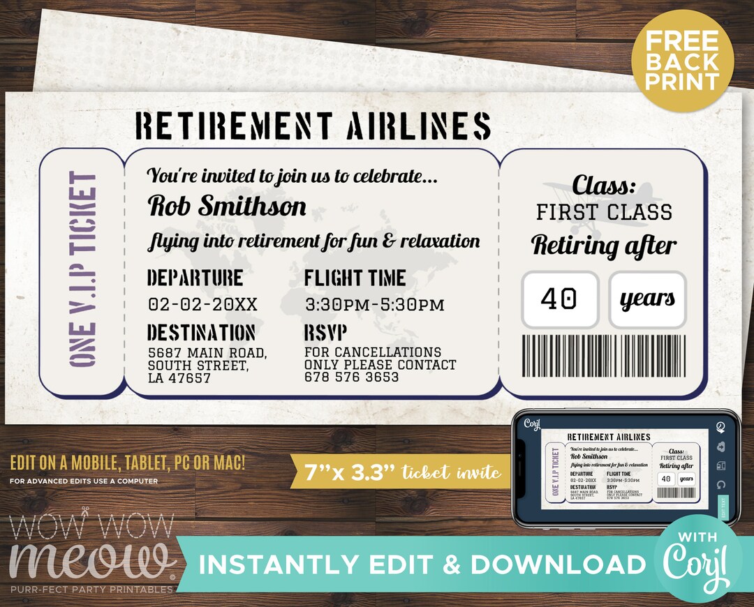 Retirement Ticket Invitation Retired Plane Invite INSTANT DOWNLOAD ...