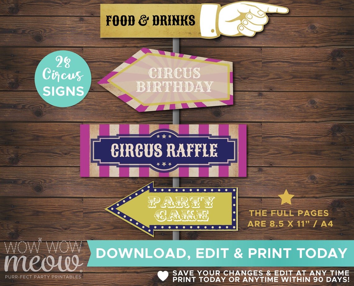 28 Vintage Circus Signs Printable INSTANT DOWNLOAD Pink Direction Arrow ...