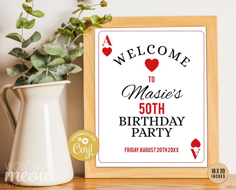 Birthday Playing Cards Editable Sign - Any Age - Hearts Party 16 X 20 ...
