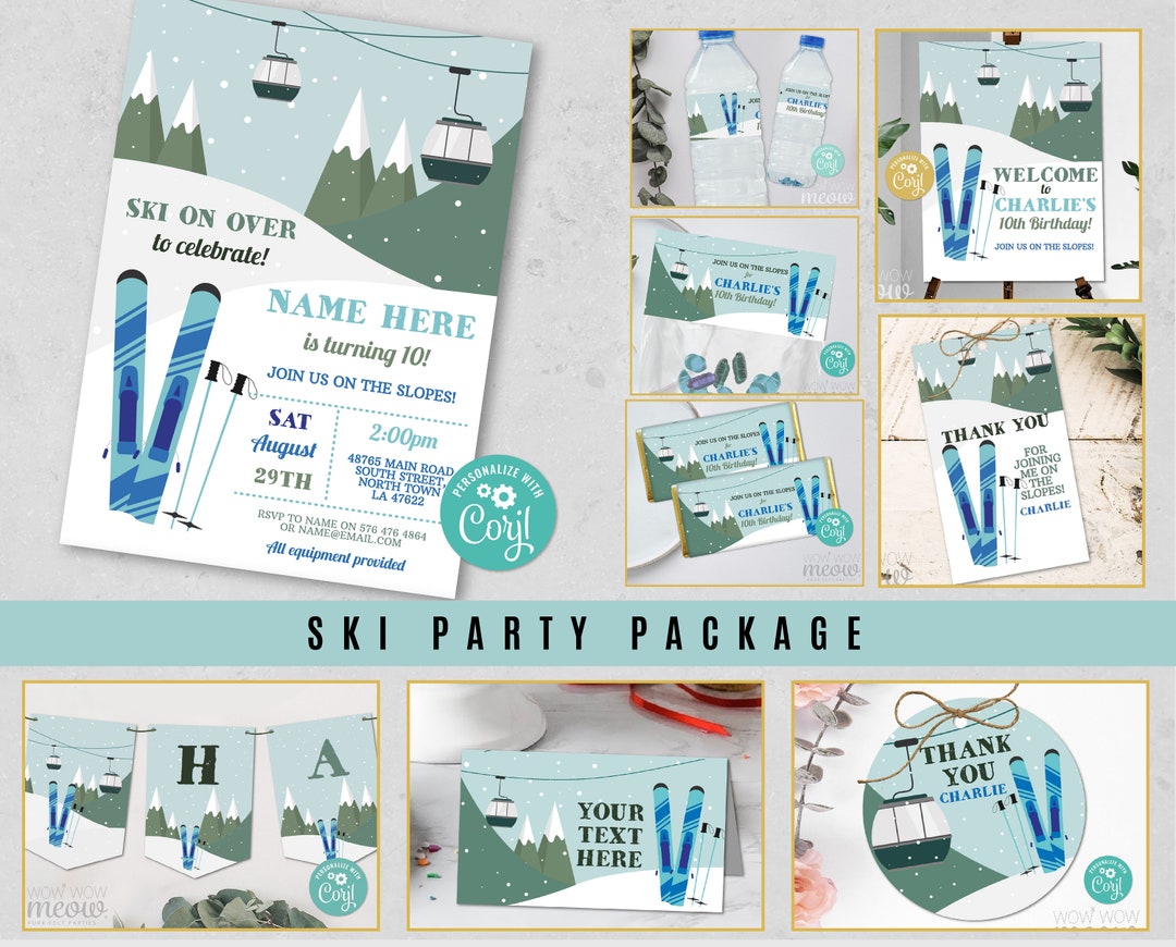 Ski Party Birthday Bundle EDITABLE Invitations Skiing Snow Apres Winter ...