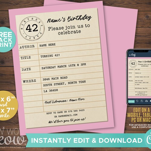 Library Card Birthday Invitation INSTANT DOWNLOAD Party - Etsy