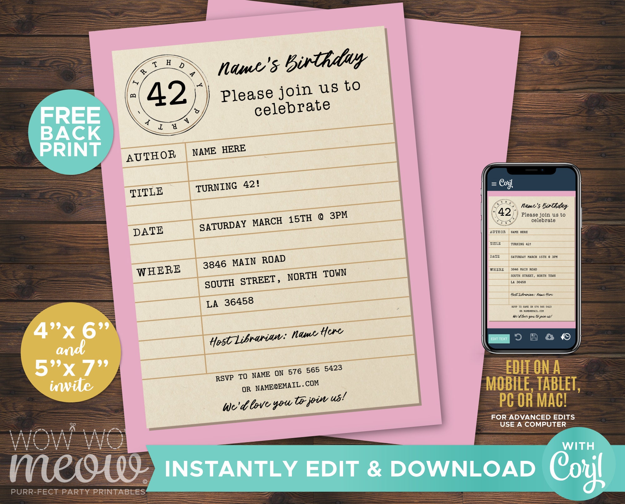 Library Card Birthday Invitation INSTANT DOWNLOAD Party Reading Books ...