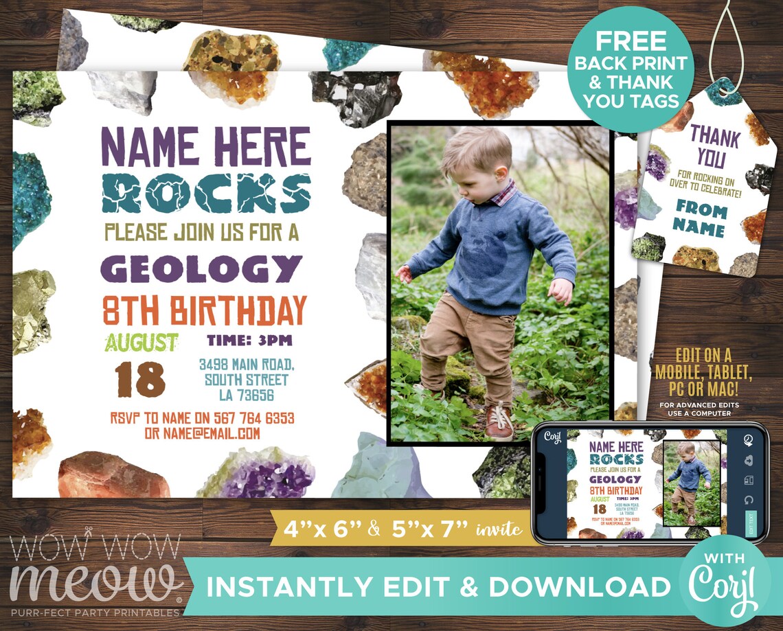 Geology Invitations Rocks Birthday Photo Invites Girls Boys | Etsy
