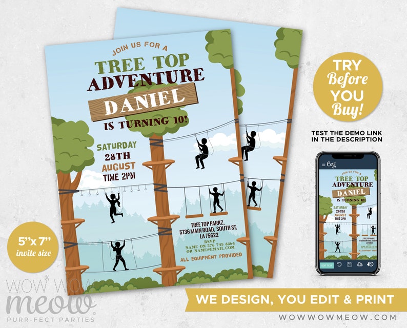 Tree Top Adventures Birthday Invitations Zip Line Outdoor Park ANY Age ...