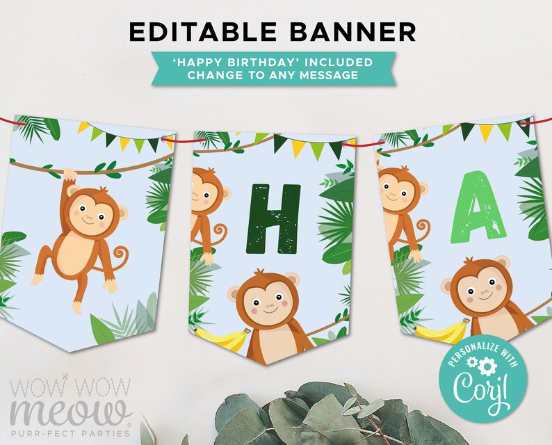 Monkey Birthday Party Banner Blue Go Bananas Editable Download Boys ...