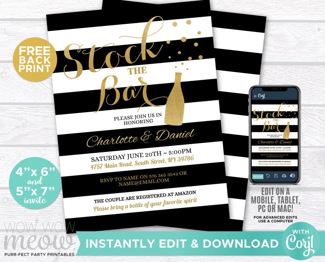 Stock the Bar Invitations Black Gold Engagement Invite Couples Shower ...