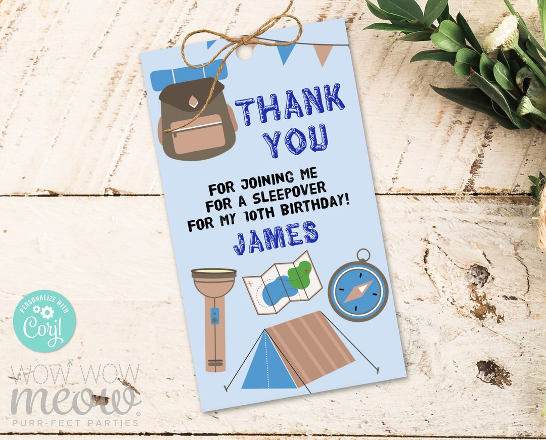 Camping Thank You Tags Blue Birthday Party Gift Tags Camp Out Glamping ...