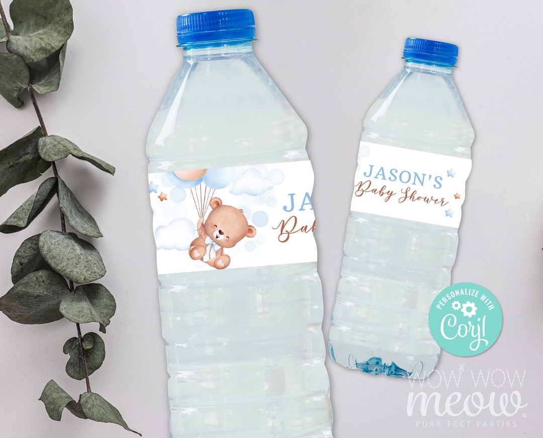 Editable Water Bottle Blue Baby Showers Teddy Bear Boys Labels Thank ...