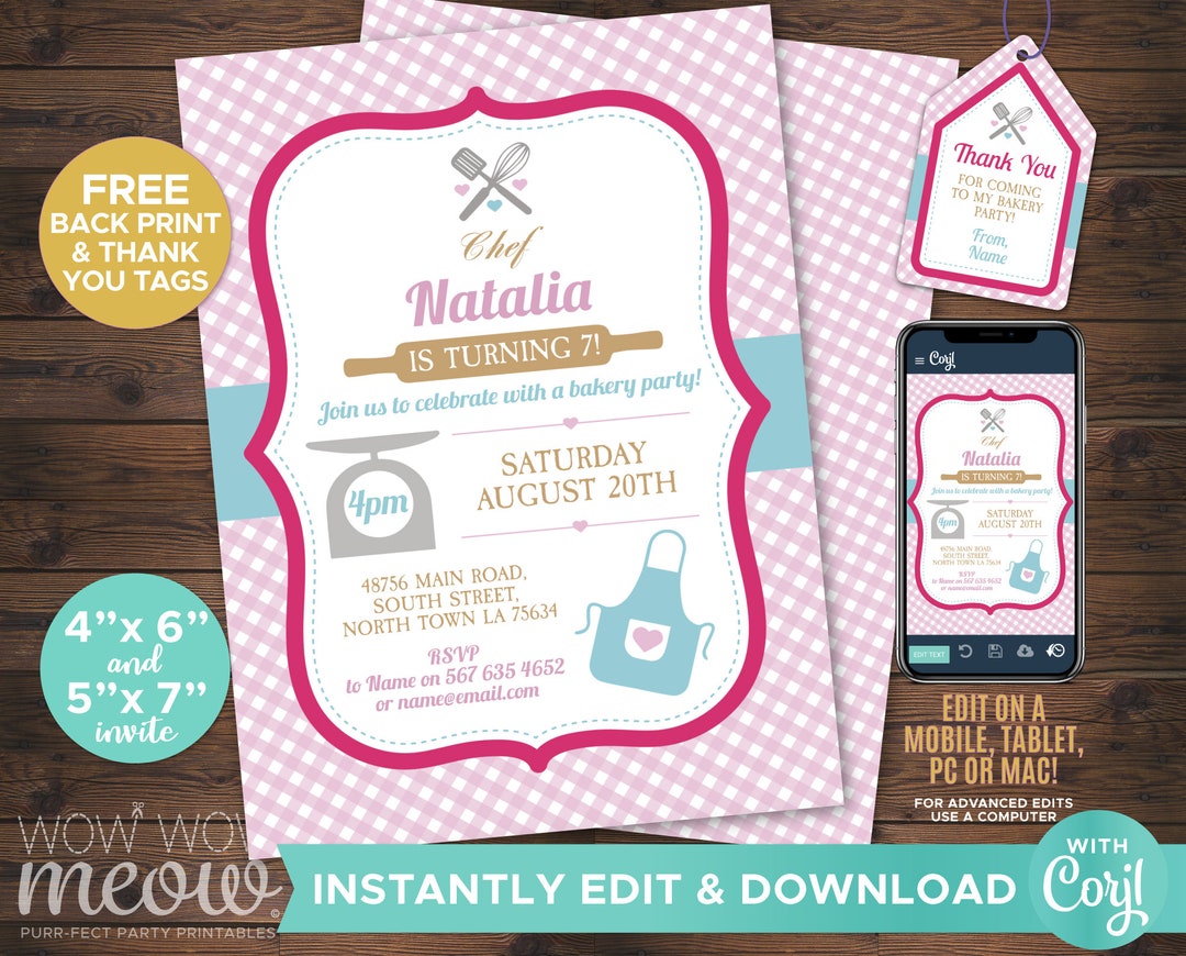 Bakery Birthday Party Cookie Bake Invitation INSTANT DOWNLOAD Pink ...
