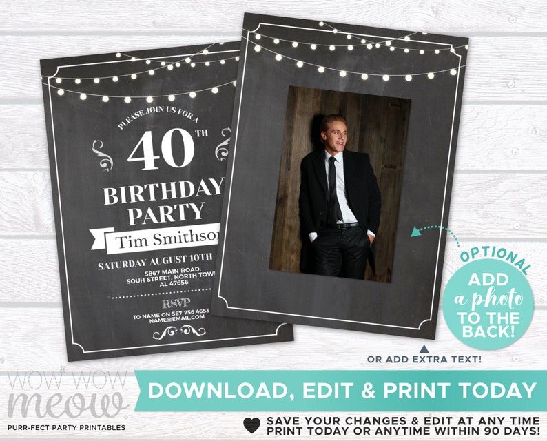 40th Surprise Birthday Invite Chalk Party Invitation Forty 40 - Etsy