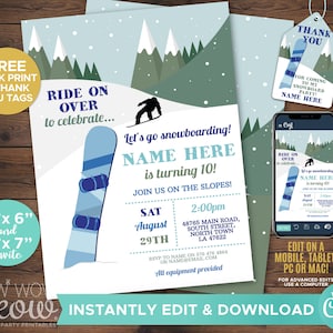 Snowboard Invitation Birthday Slope Skiing Party INSTANT DOWNLOAD ...
