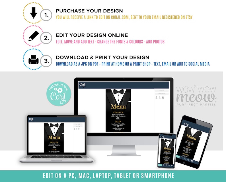 Tuxedo Black Tie Menu Dinner Template Package INSTANT DOWNLOAD Secret ...