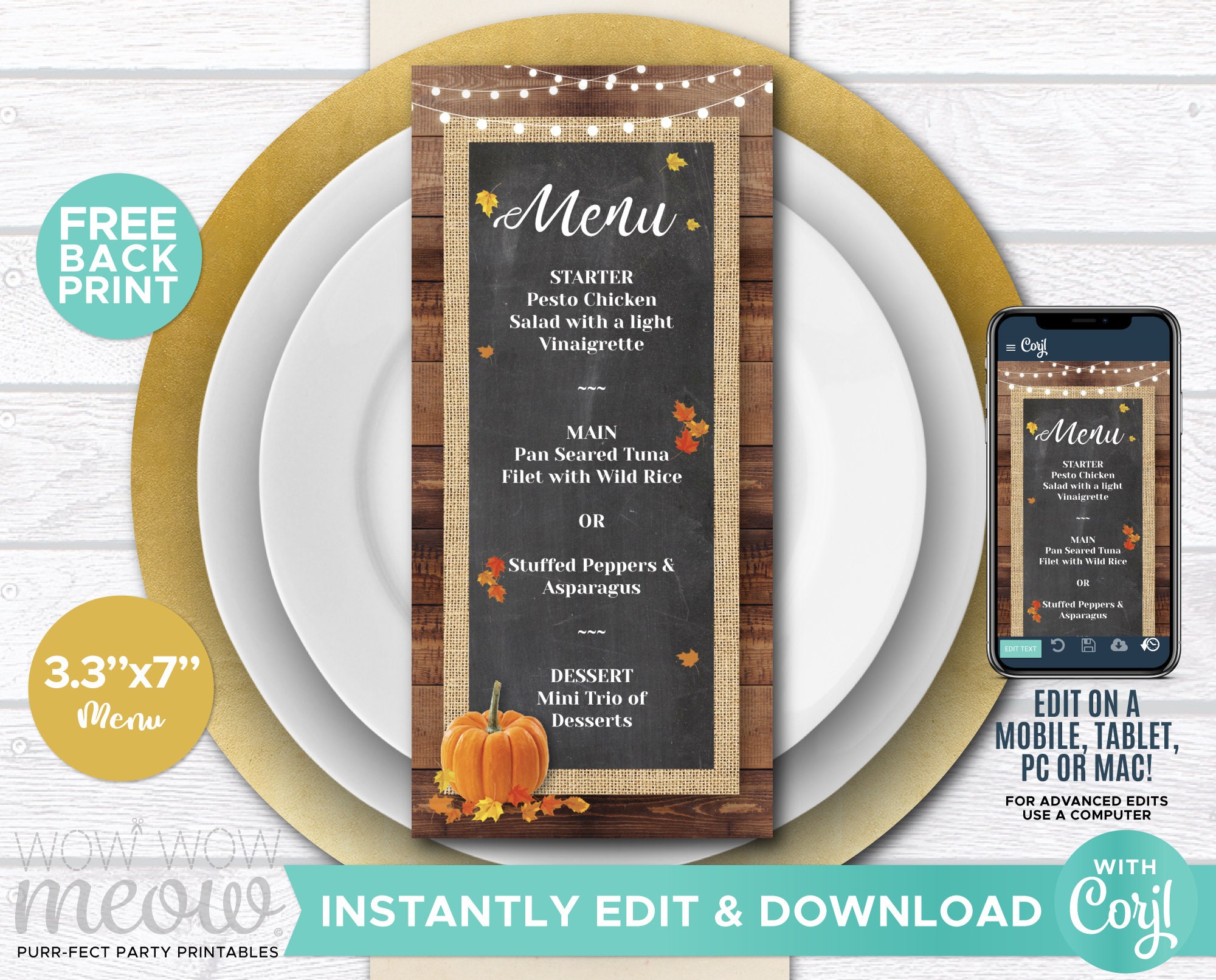 Pumpkin Menu Dinner Thanksgiving Template Rustic Package | Etsy