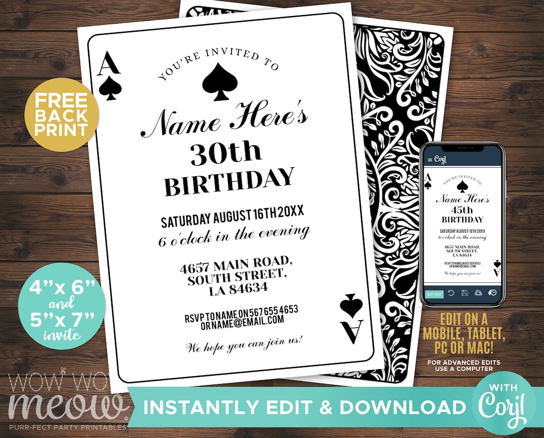 Playing Cards Birthday Invitation Any Age INSTANT DOWNLOAD Casino Las ...