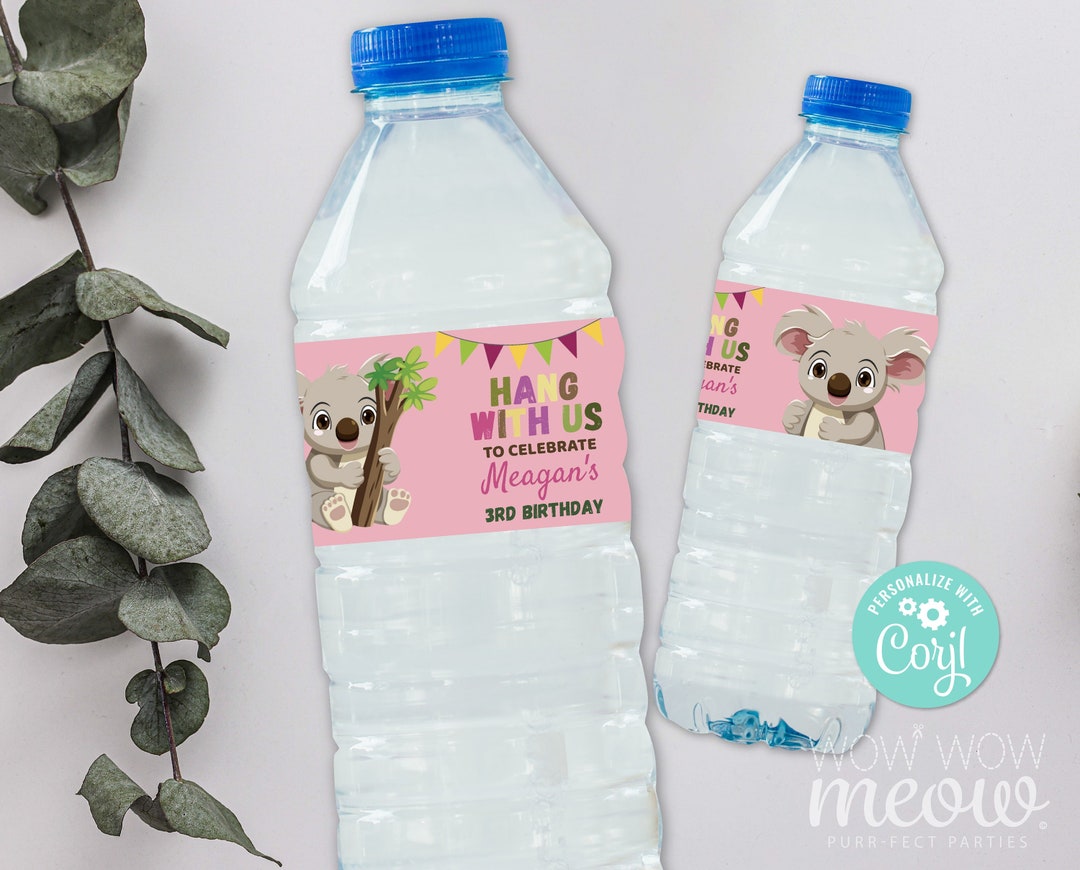 Koala Water Bottle Labels Editable Birthday Party Gift Pink Girls ...