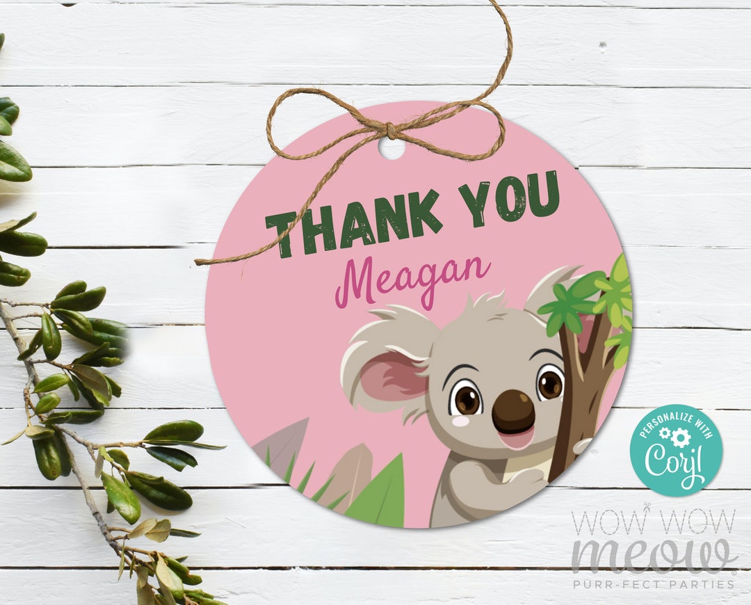 Koala Birthday Thank You Pink Tags Birthday Party Jungle Wild Gift Tags ...