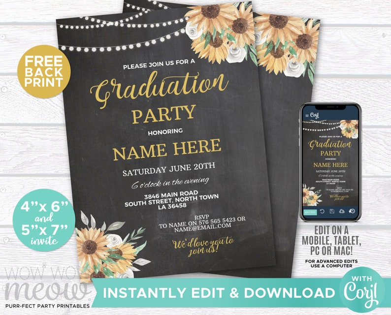 Sunflower Graduation Party Invitation INSTANT DOWNLOAD Chalk | Etsy
