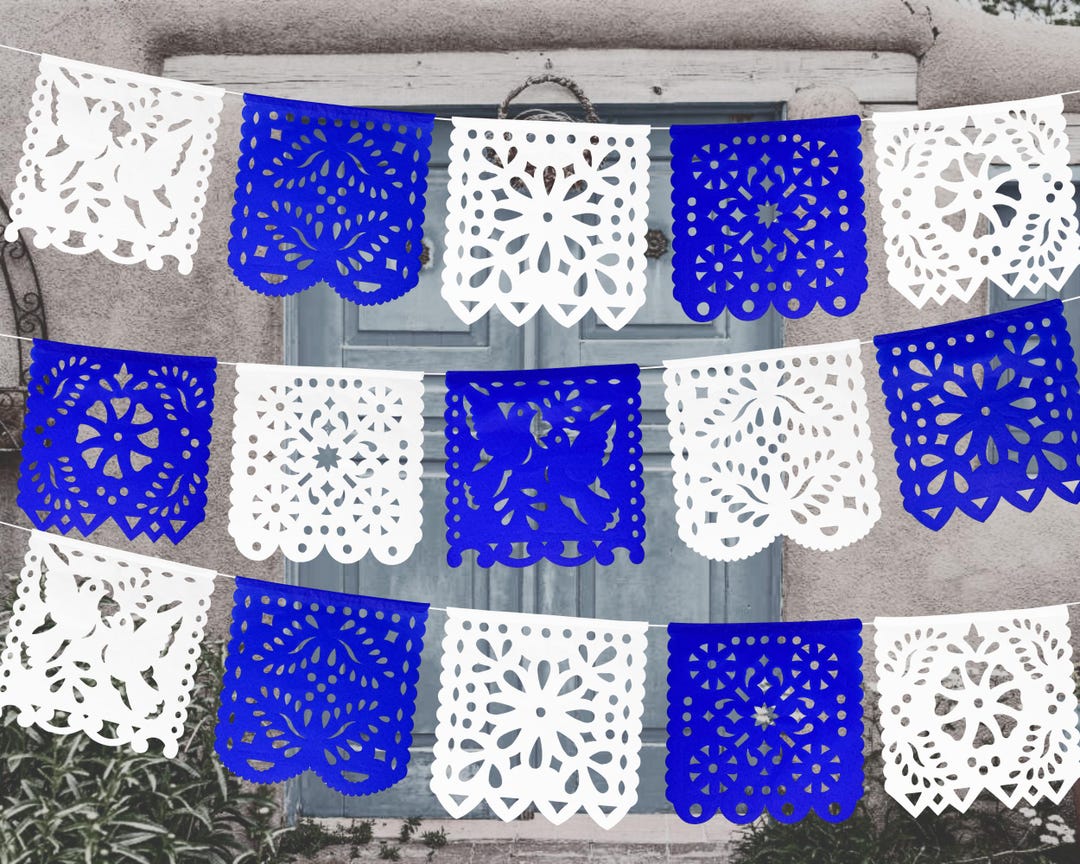 Talavera Blue and White Papel Picado, 5 Banners, Fiesta Decorations ...