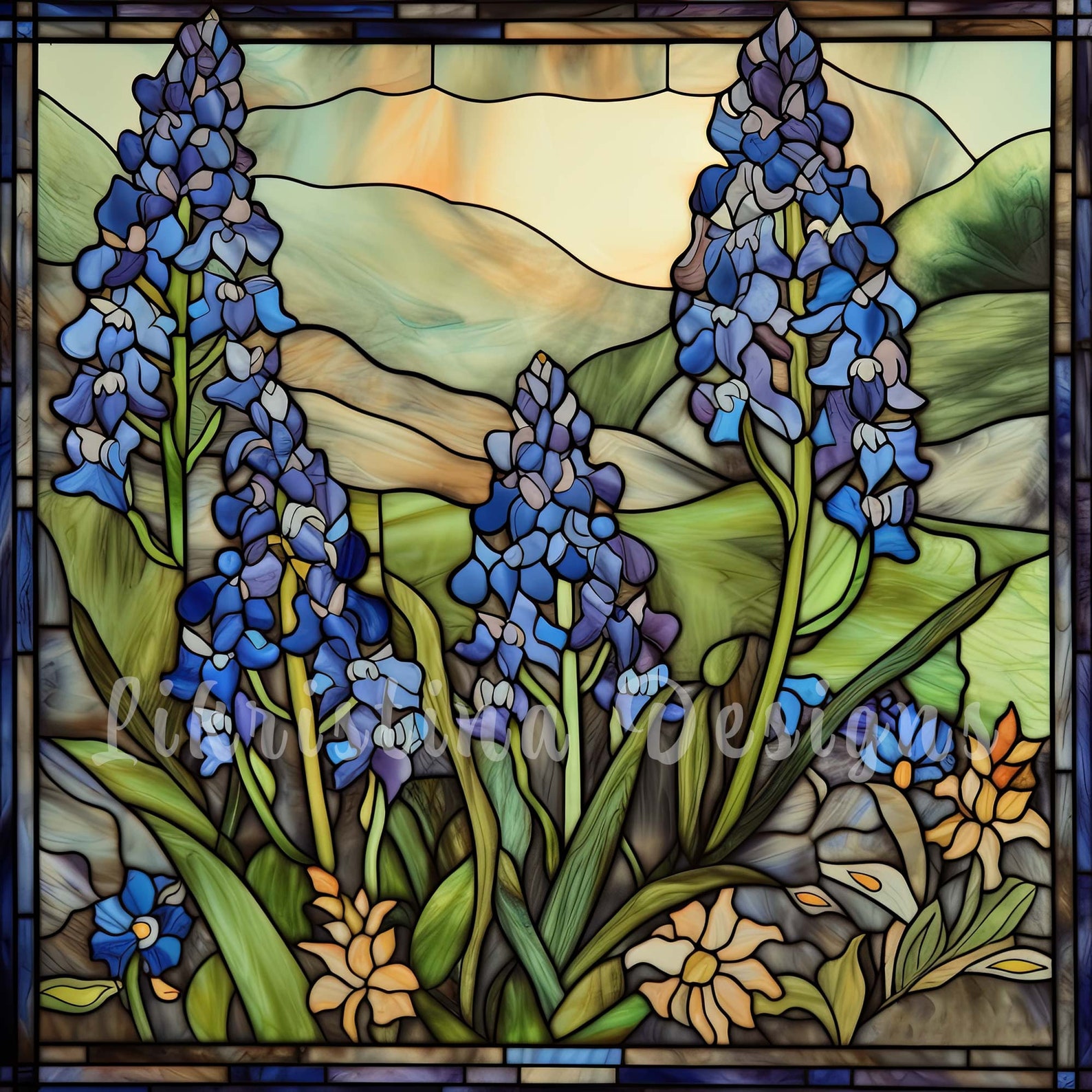 Texas Bluebonnets Stained Glass Sublimation Design PNG, Square ...