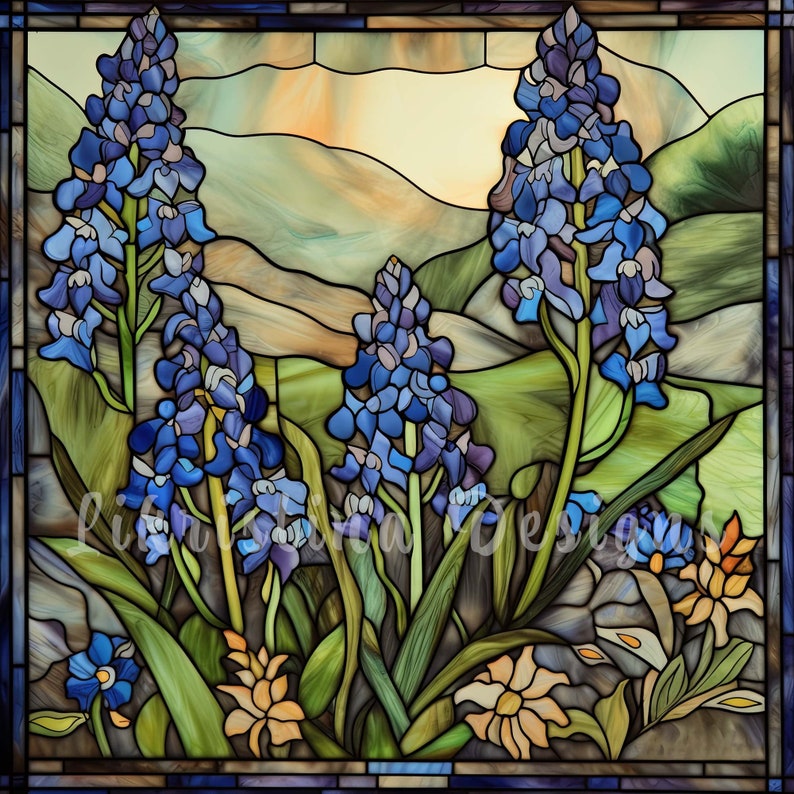 Texas Bluebonnets Stained Glass Sublimation Design PNG, Square ...