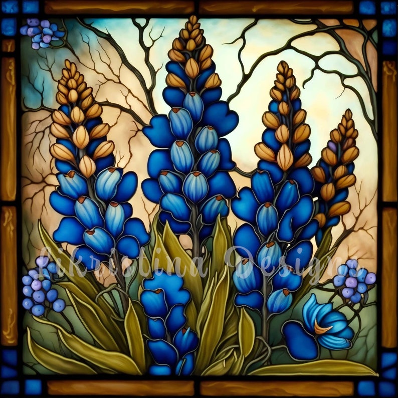 Texas Bluebonnets Stained Glass Sublimation Design PNG, Square ...
