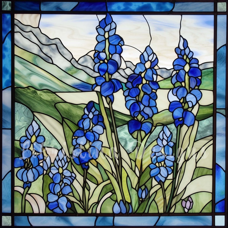 Texas Bluebonnets Stained Glass Sublimation Design PNG, Square ...