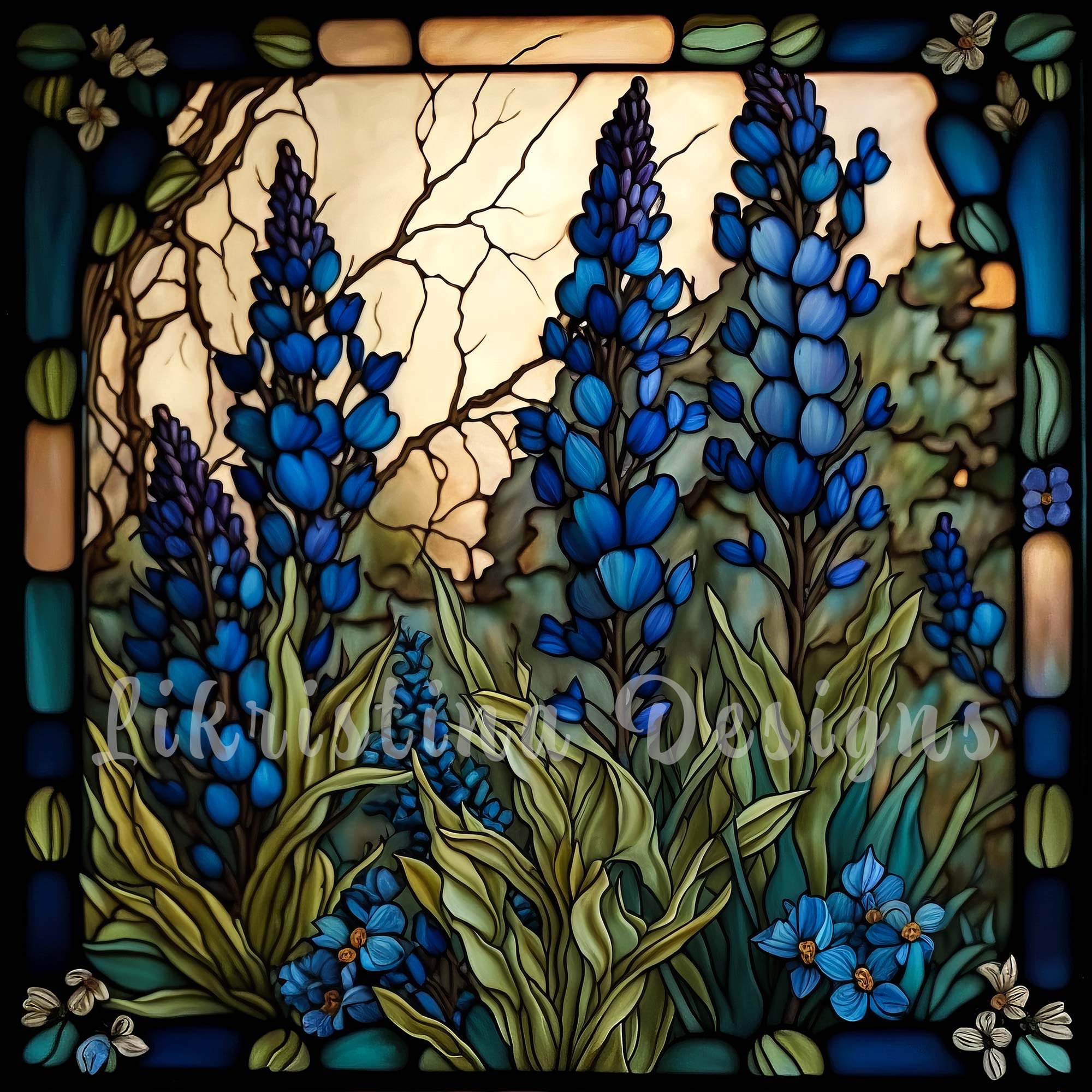 Texas Bluebonnets Stained Glass Sublimation Design PNG, Square ...