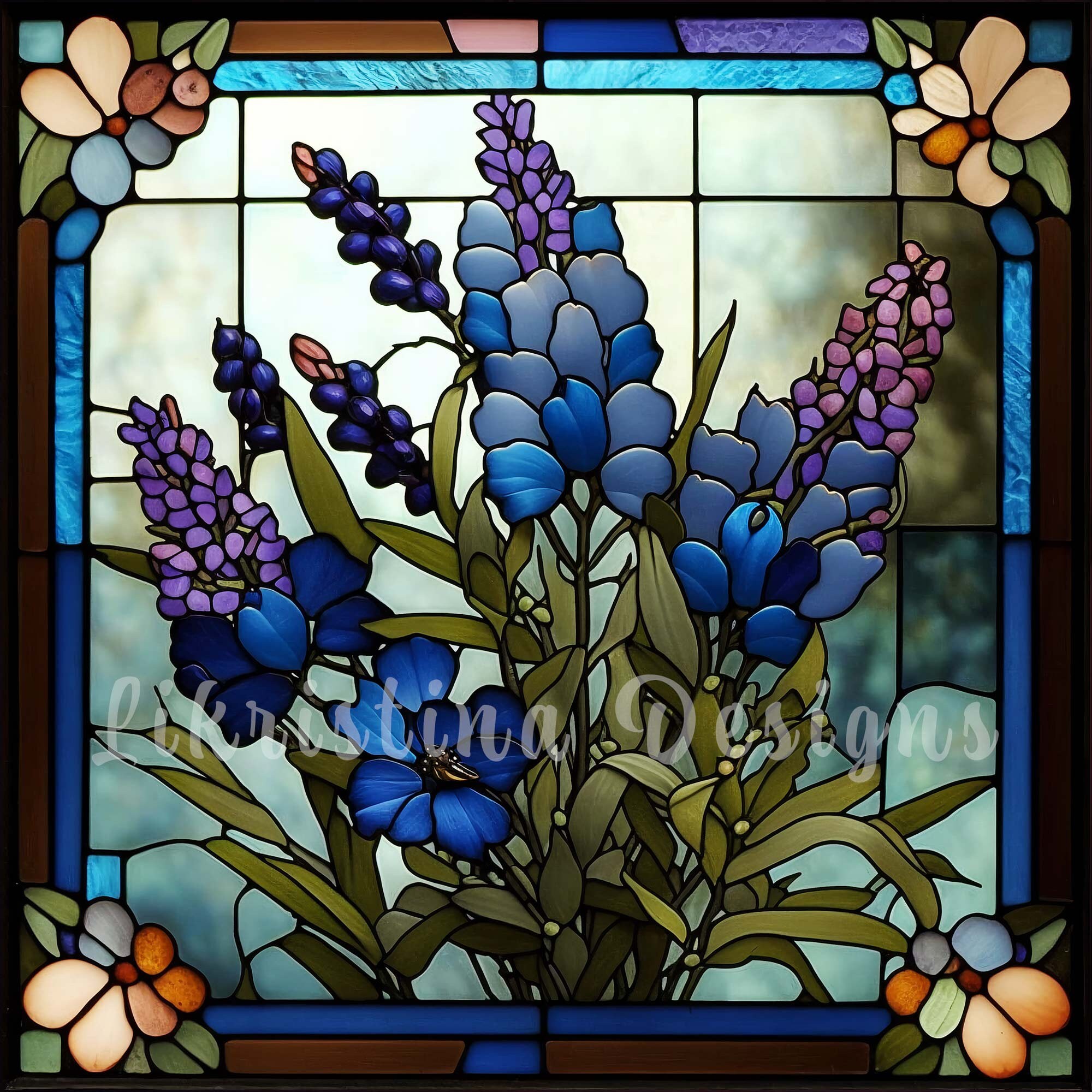 Texas Bluebonnets Stained Glass Sublimation Design PNG, Square ...