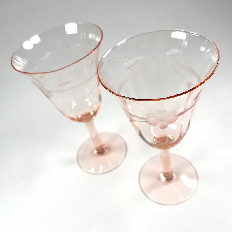 Tiffin Pink Depression Glass Wine Glasses With Machine Cut Floral ...