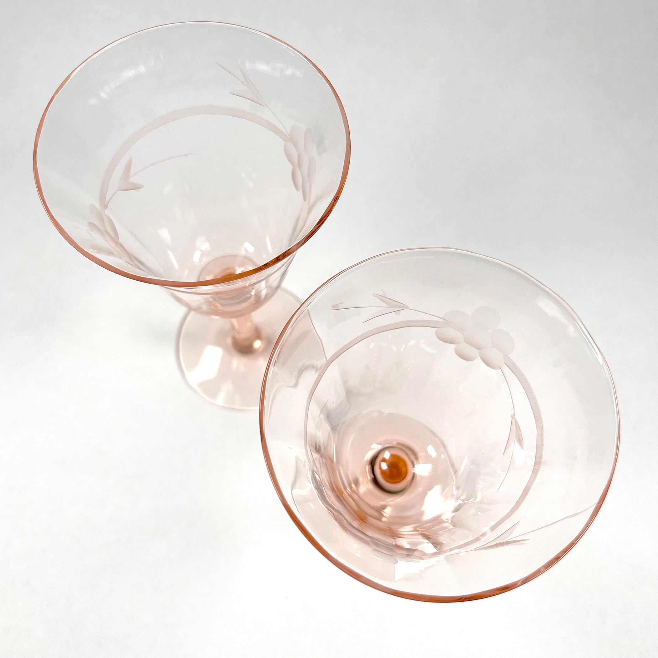 Tiffin Pink Depression Glass Wine Glasses With Machine Cut Floral Pattern Set Of 2 Etsy
