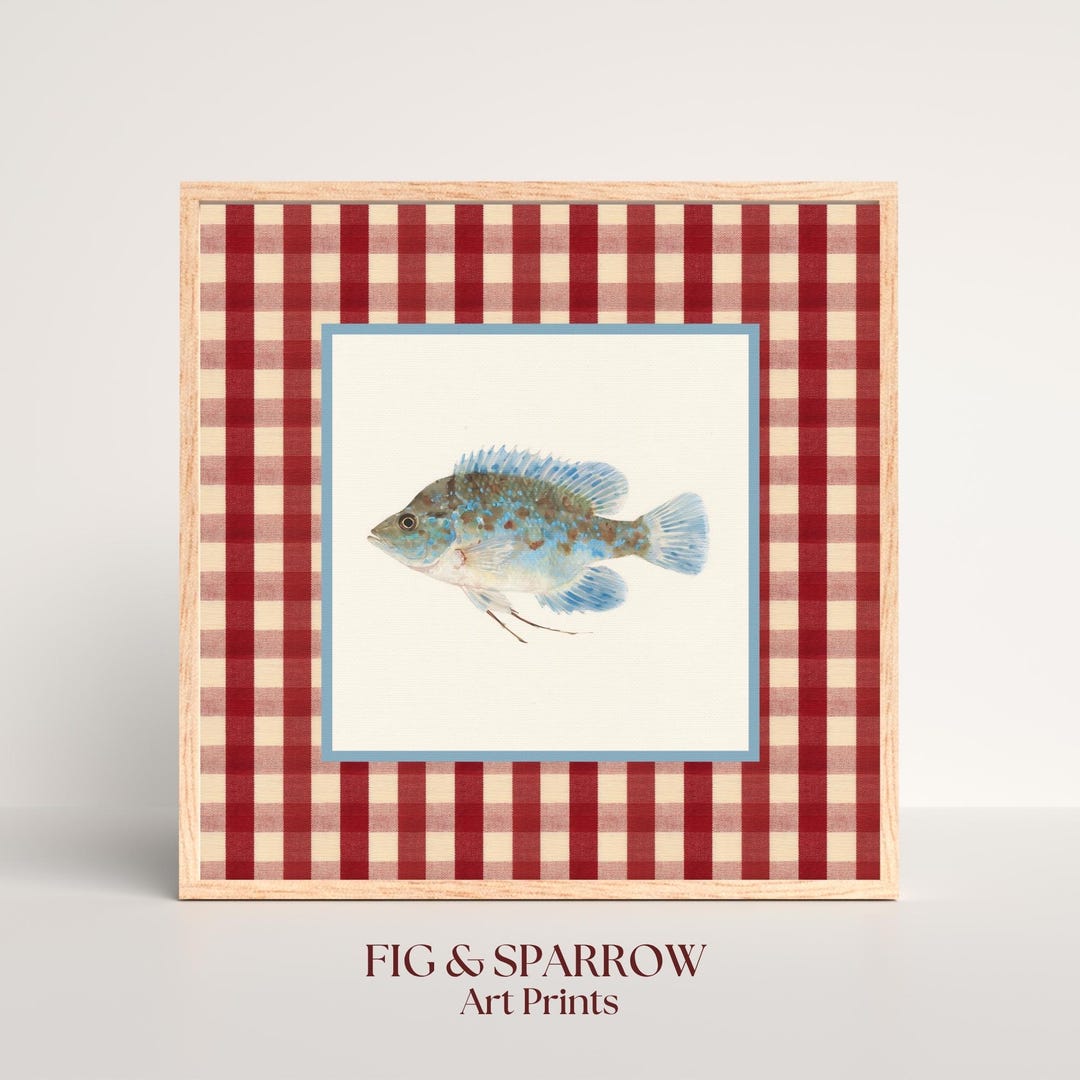 Bluegill Fish Art Print | Red Gingham Lake House Decor | Rustic Fishing ...