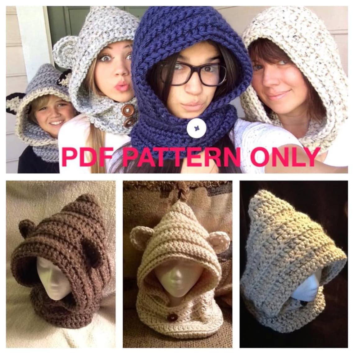Hooded Cowl (crochet) PDF PATTERN ONLY - With or W/out Ears - Size ...
