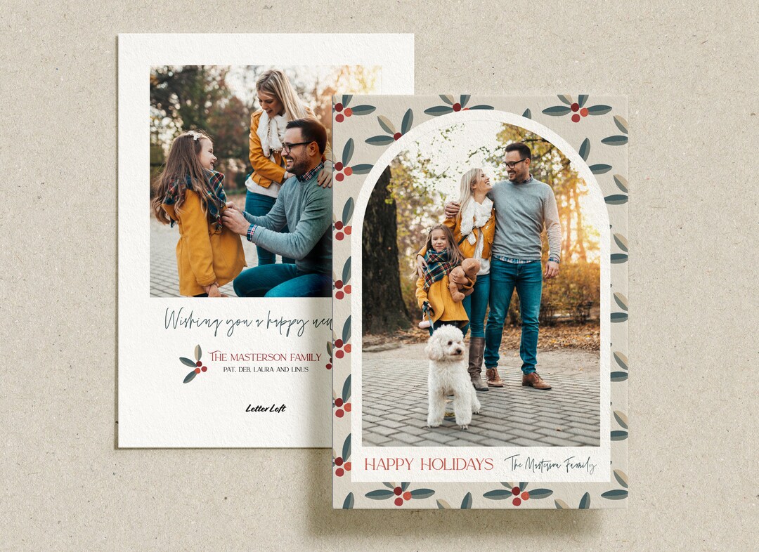 Retro Christmas Card Template, Boho Christmas Card Printable, Arched ...