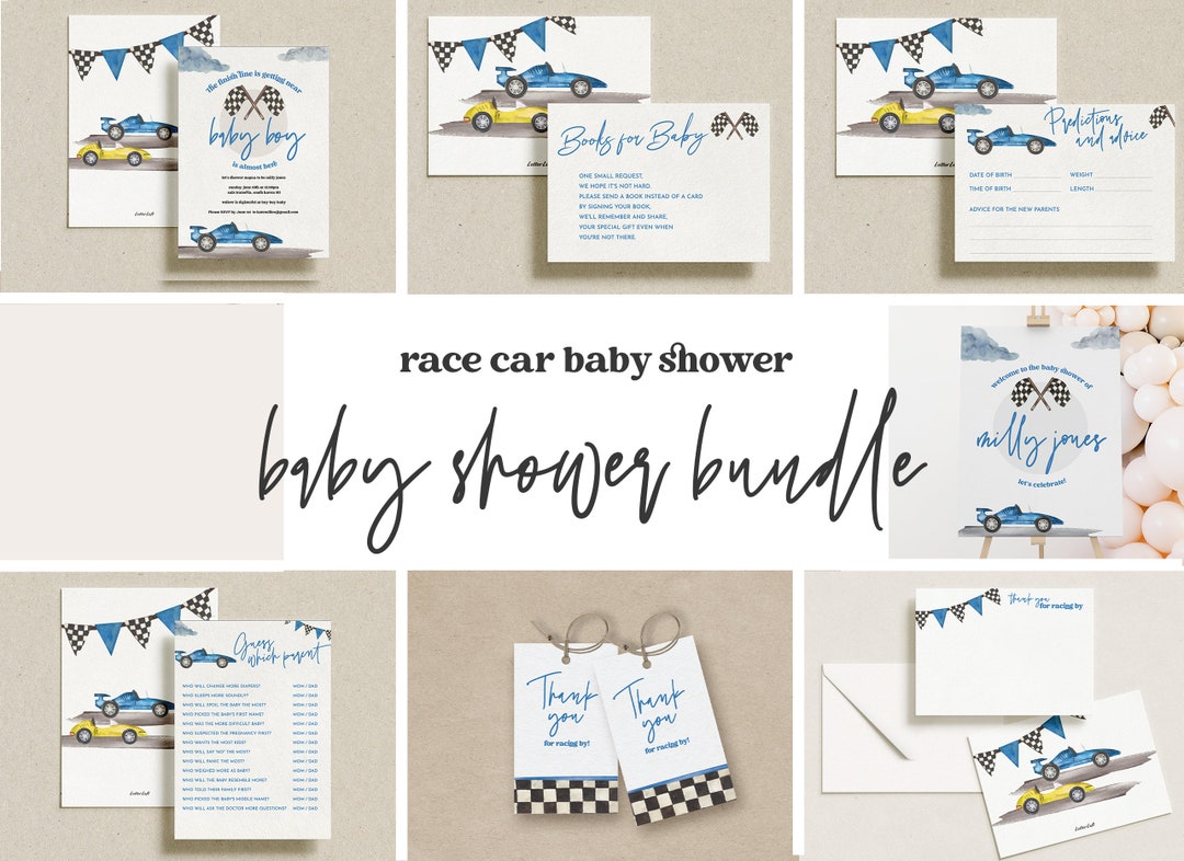 Race Car Baby Shower Bundle, Racing Baby Shower Invitation Bundle, Baby ...