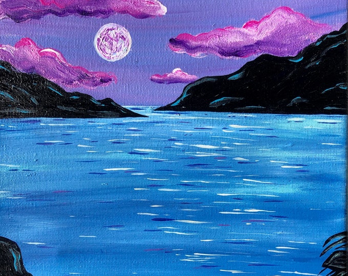 Seascape Painting, Beach Art, Full Moon Decor, Acrylic Painting ...