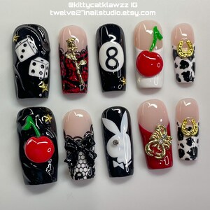 Lady Luck Press on Nails/y2k Nails/playboy Nails/cherry Nails/gold ...