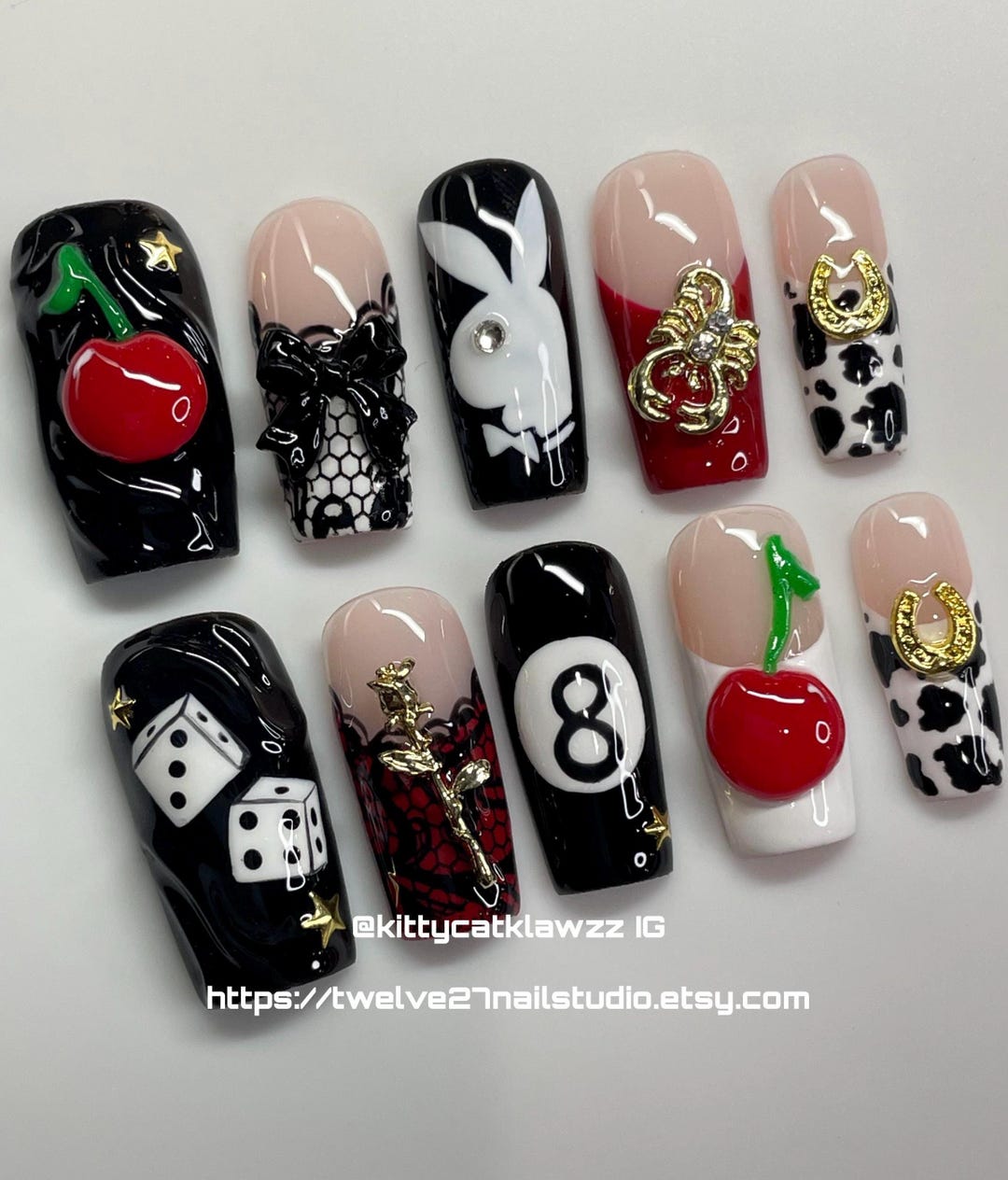 Lady Luck Press on Nails/y2k Nails/playboy Nails/cherry Nails/gold ...