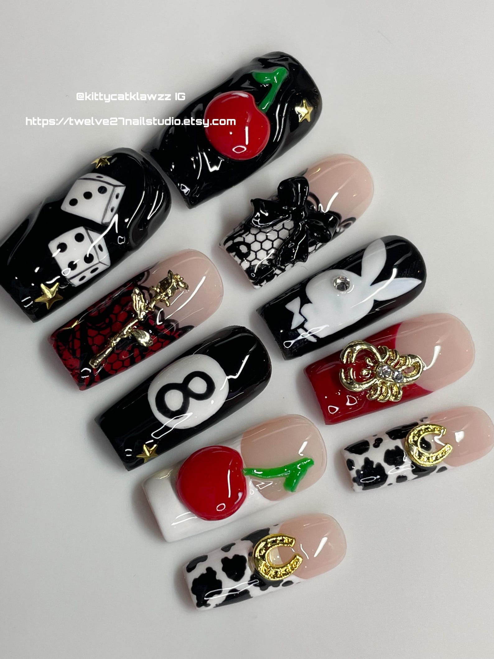 Lady Luck Press on Nails/y2k Nails/playboy Nails/cherry Nails/gold ...