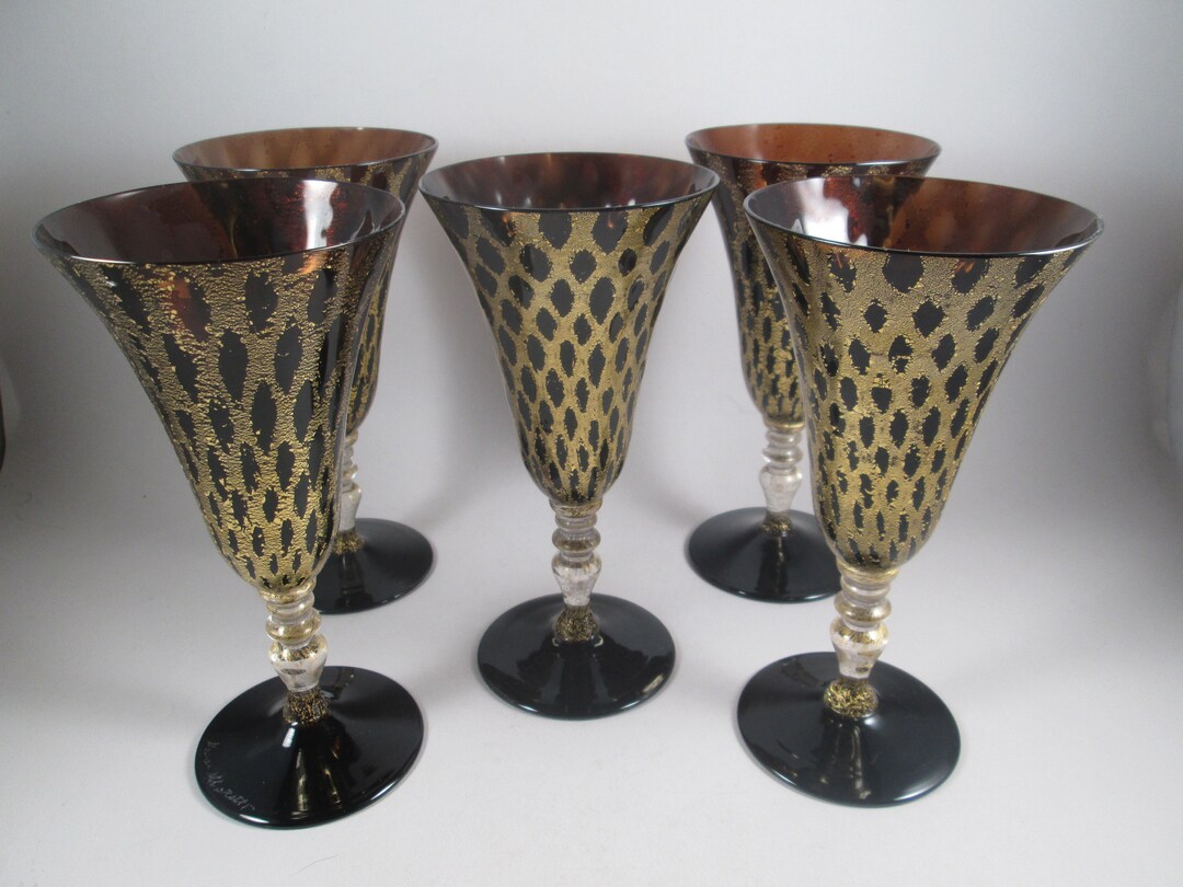 NASON MORETTI Signed Goblets. Five Gold Leaf, Hand Blown Venetian Murano Drinking Goblets in ...