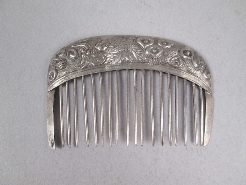 Antique Chinese Silver Small Hair Comb. Dragon Chasing Pearl Repousse ...